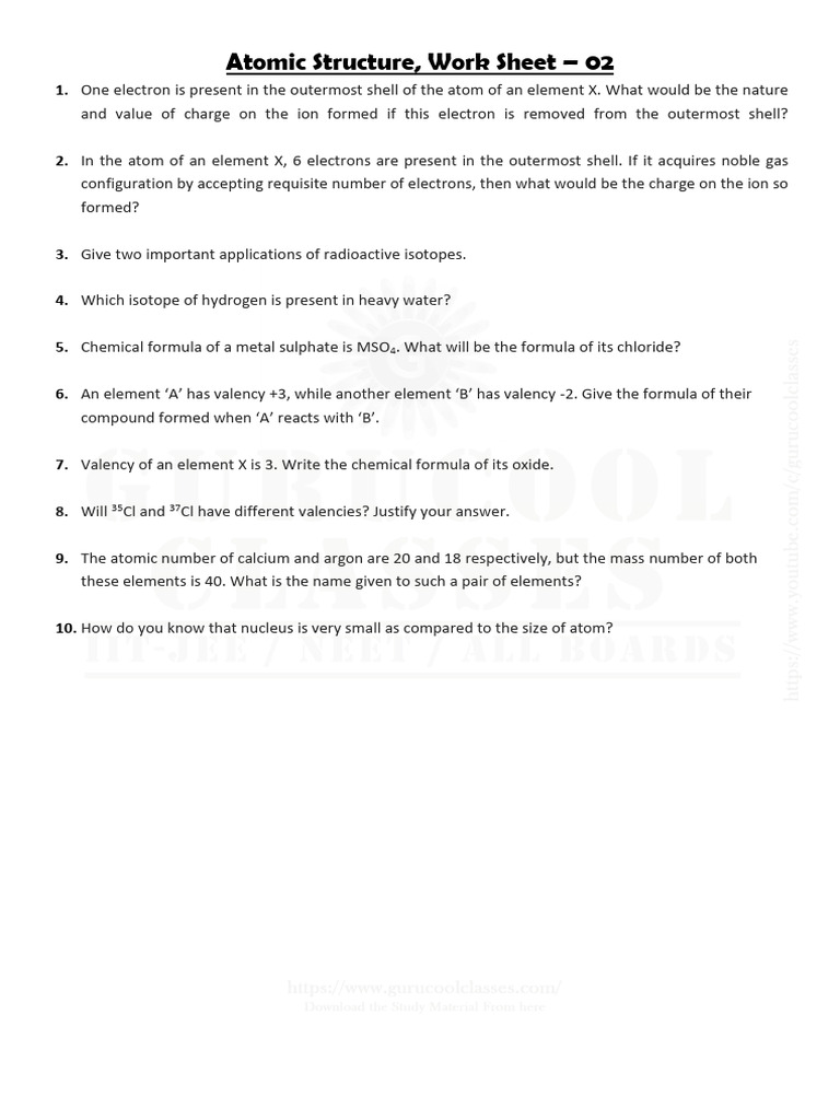 Structute of Atom - Work Sheets - 02 | PDF