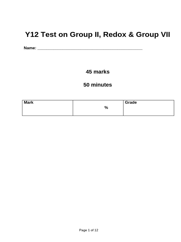 Test On Group II Redox Group VII | PDF | Magnesium | Chlorine