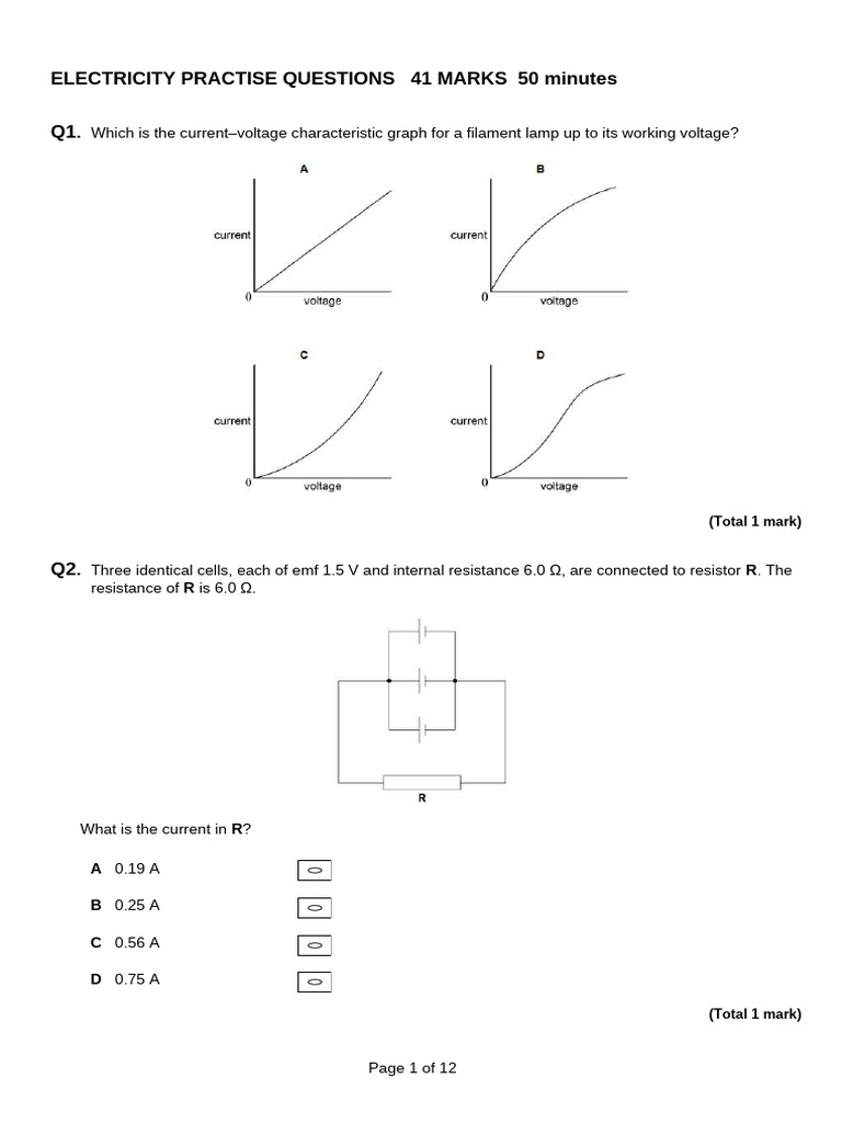 Electricity Practice Questions for Students | PDF | Voltage | Resistor