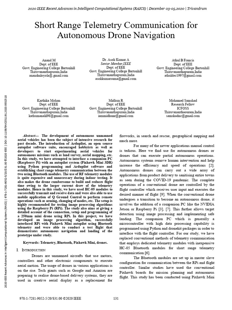 Short Range Telemetry Communication For Autonomous Drone Navigation | PDF | Unmanned Aerial ...