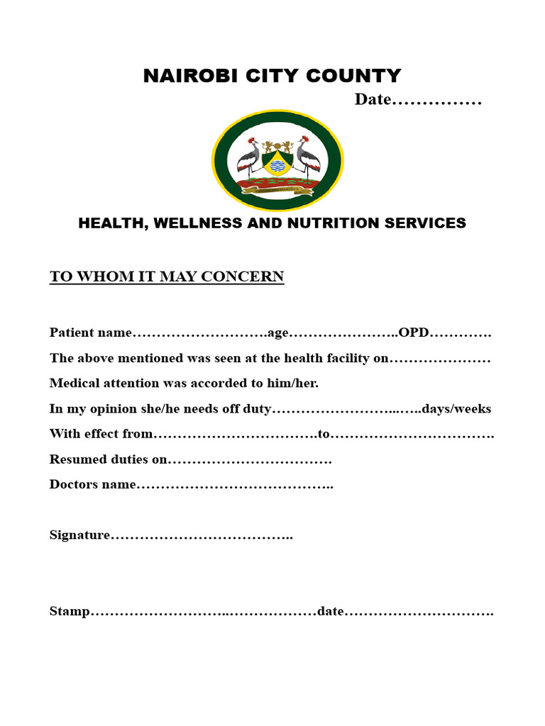 Nairobi Sick Leave Certificate Template | PDF