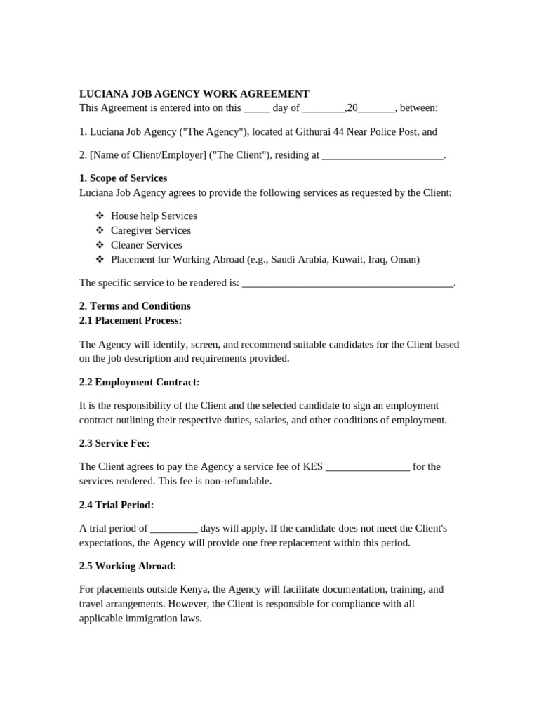 Luciana Job Agency Work Agreement | PDF | Employment | Business