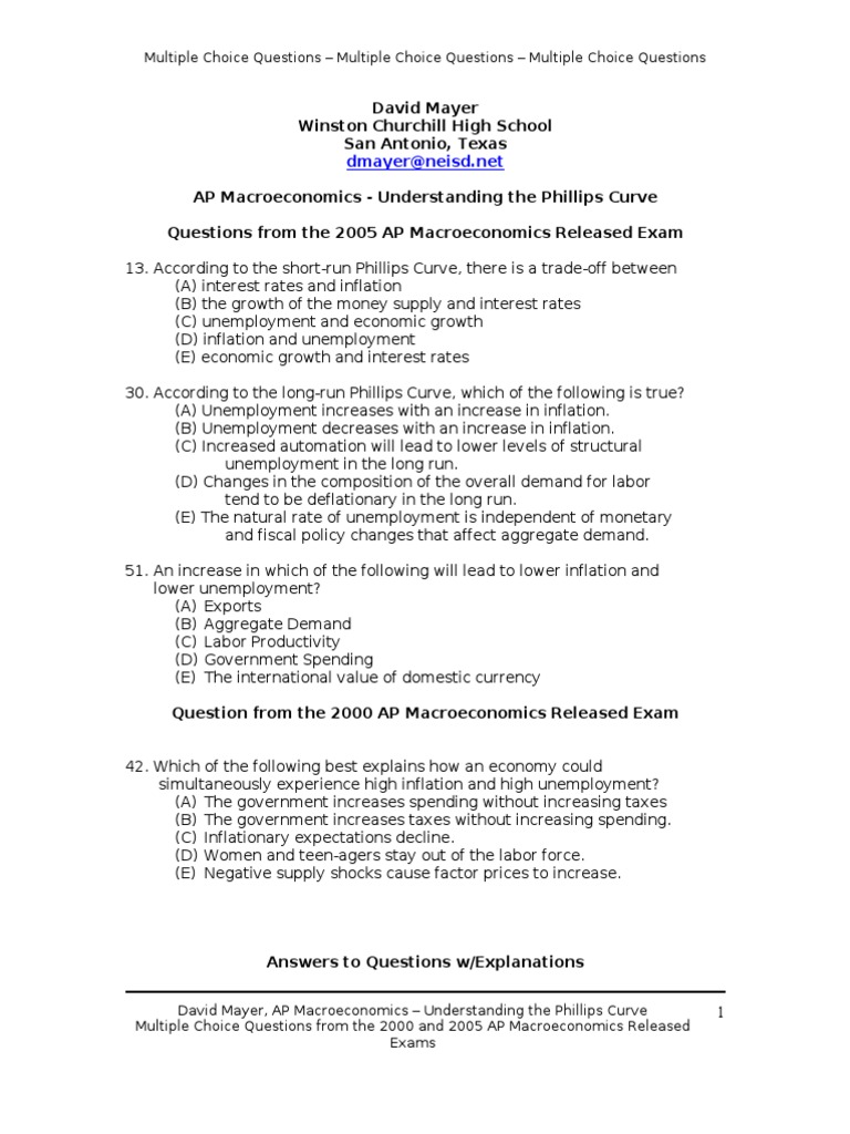 AP Macroeconomics: Phillips Curve MCQs | PDF | Phillips Curve ...