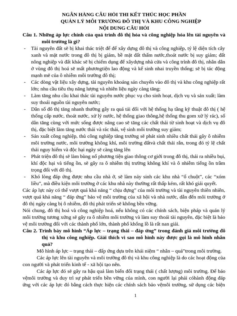 Ngan Hang Cau Hoi - QLMTDT-KCN | PDF