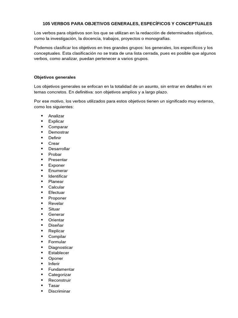 Verbos para Objetivos Generales Especificos y Conceptuales | PDF ...