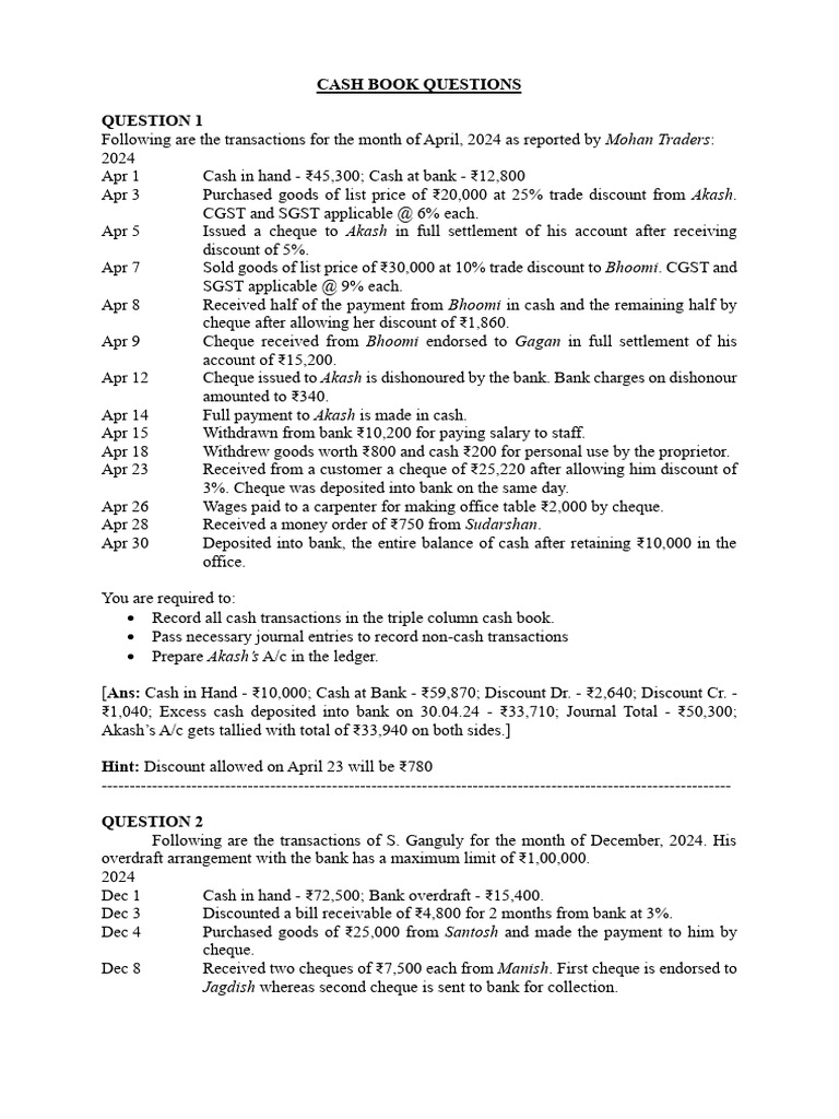 Cash Book - Revision Questions | PDF | Cheque | Banks