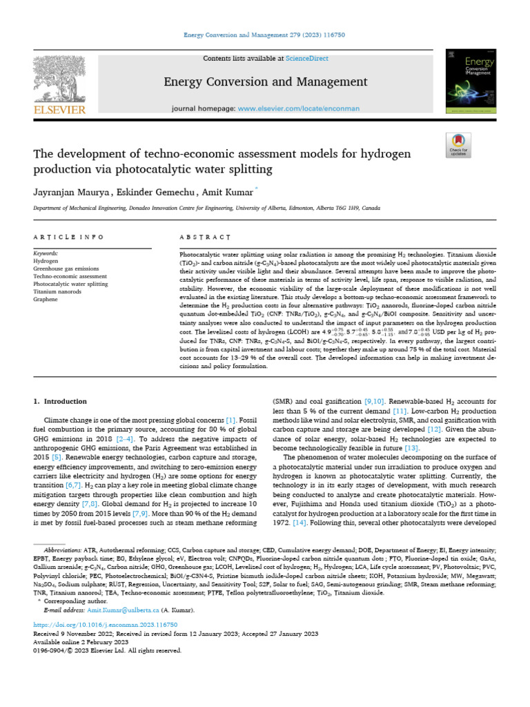 The Development of Techno-Economic Assessment Models For Hydrogen ...