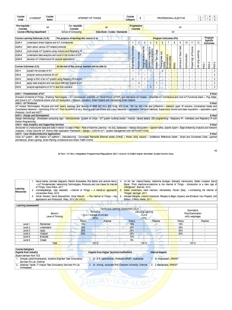 Internet of Things Course Syllabus 21CSE253T | PDF | Internet Of Things ...
