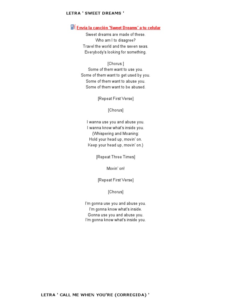 Letra ' Sweet Dreams ': Envía La Canción 'Sweet Dreams' A Tu Celular ...