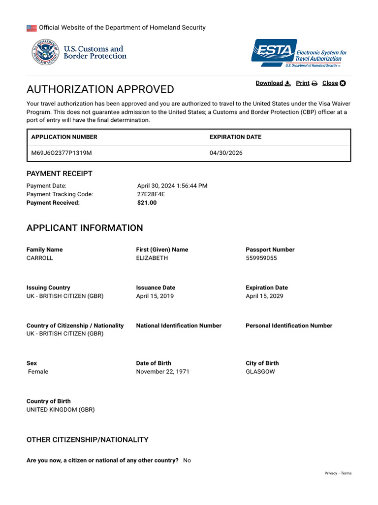 Elizabeth Carroll Esta Application | PDF | Government And Personhood