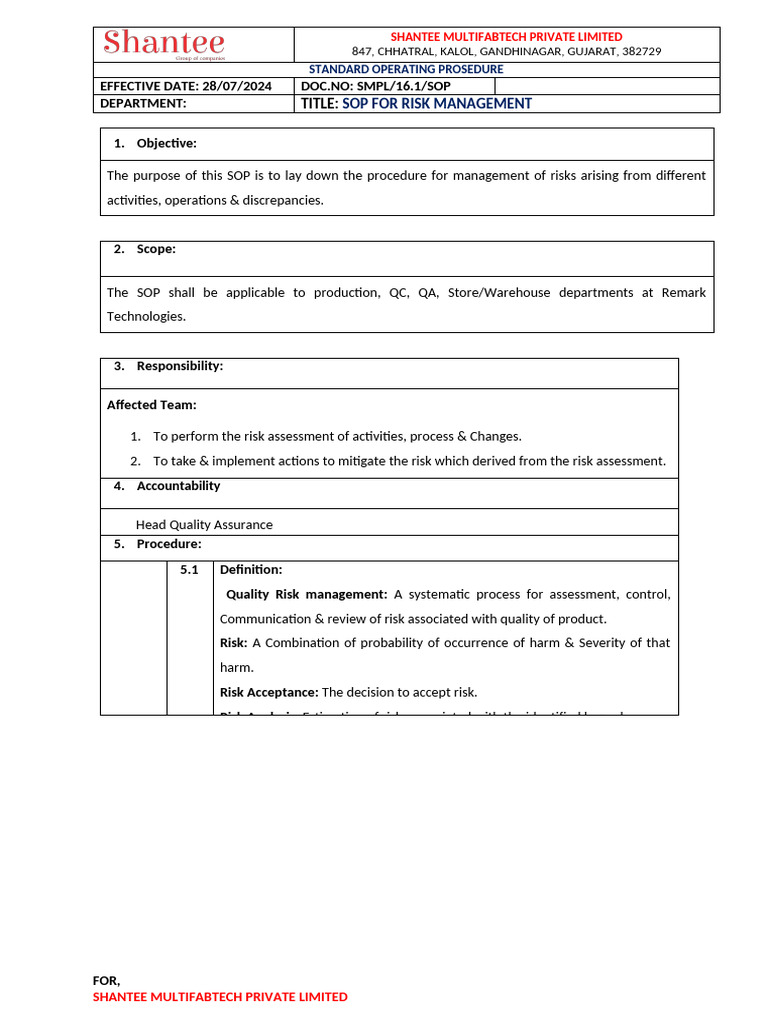 SOP for Risk Management Process | PDF | Risk | Risk Management