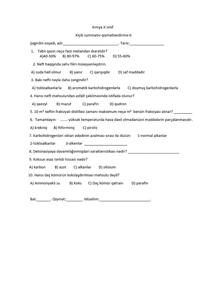 Kimya 10 Sinif Ksq-6 | PDF
