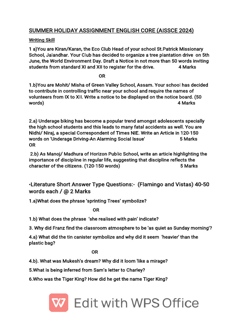 English Core Summer Holiday Assignment | PDF