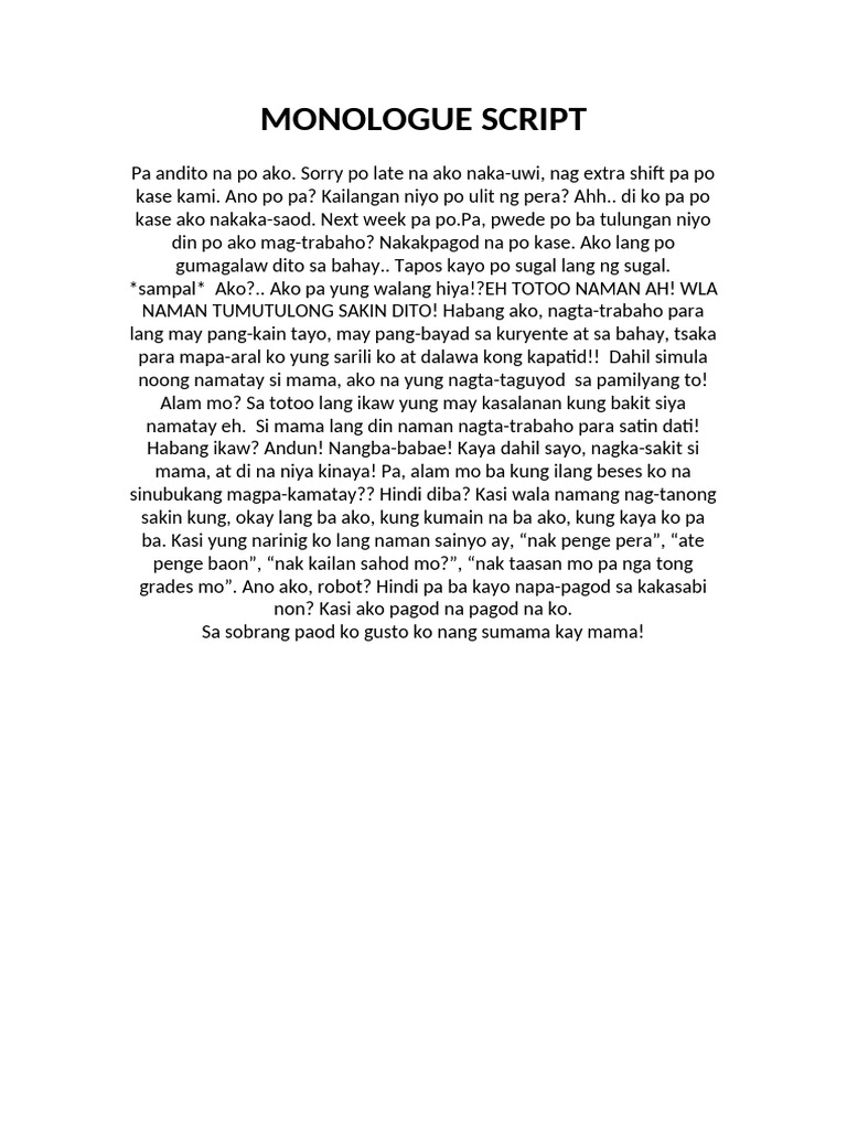 BREAD WINNER - Monologue Script For Filipino | PDF