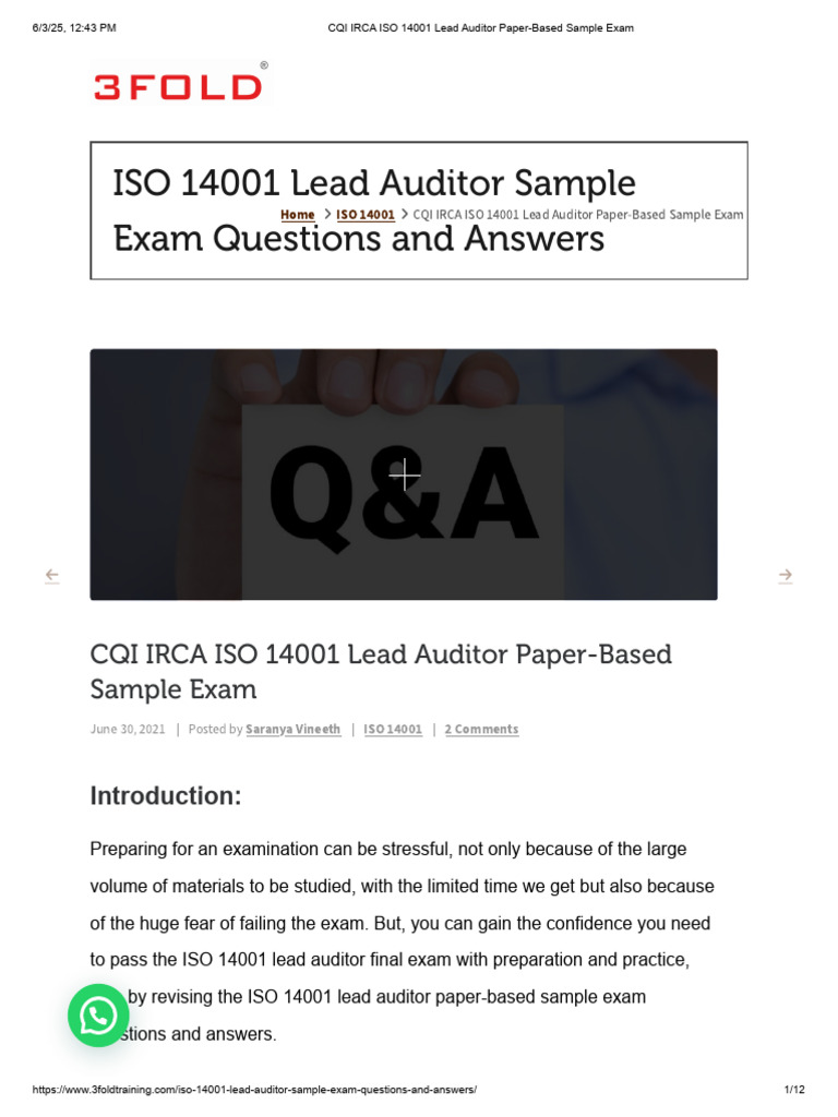 CQI IRCA ISO 14001 Lead Auditor Paper-Based Sample Exam | PDF | Audit | Regulatory Compliance