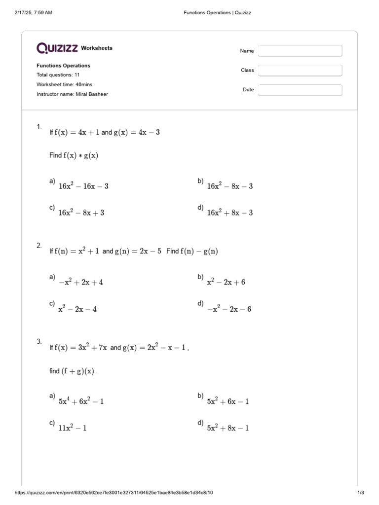 Quizizz - Functions Operations | PDF | Applied Mathematics | Computer ...