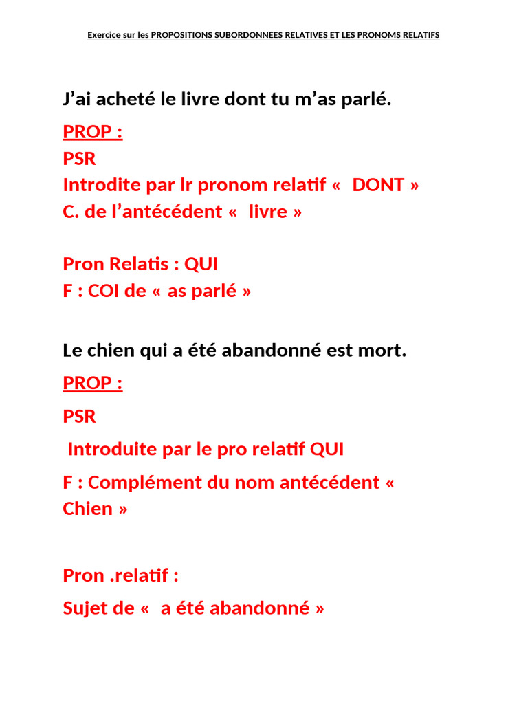 Exercices sur les pronoms relatifs | PDF