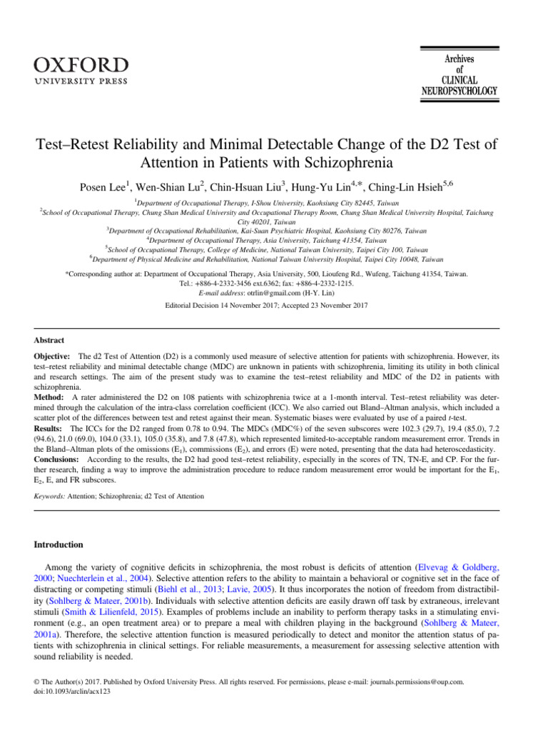 Test-Retest Reliability and Minimal Detectable Change of The D2 Test of ...