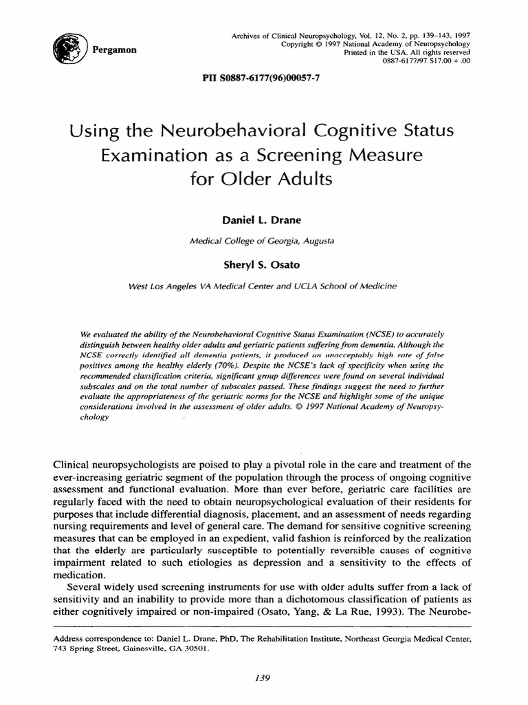 Using The Neurobehavioral Cognitive Status Examlnation As A Screening ...