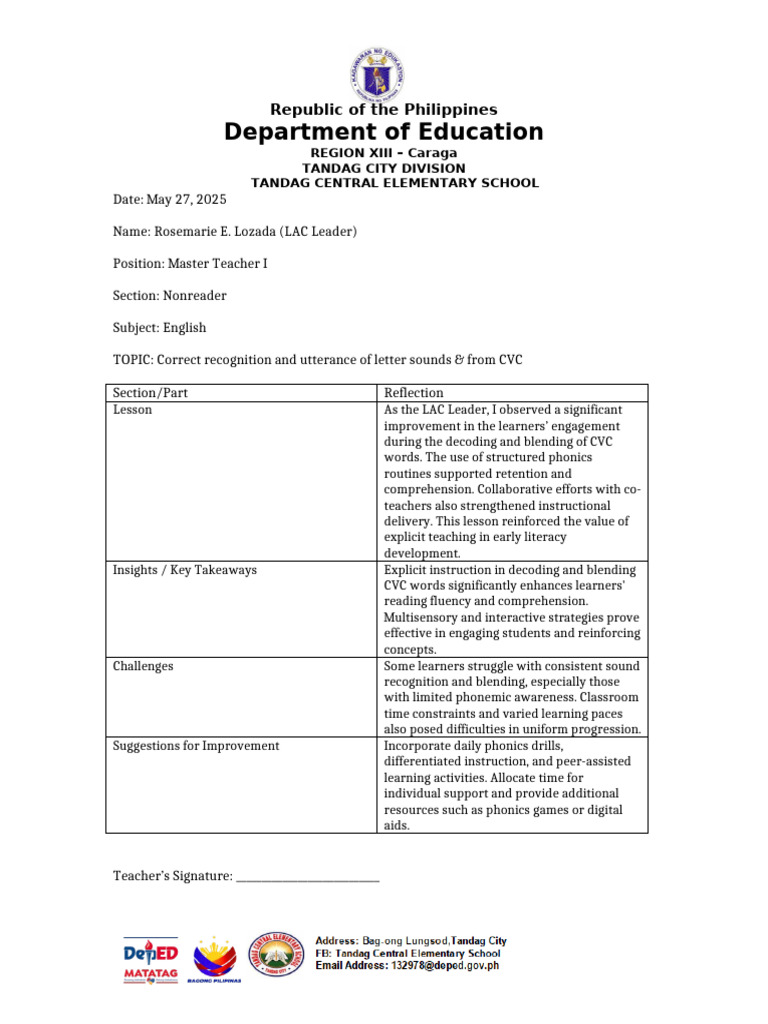 CVC Word Decoding Reflections Complete - Docx Reflection Notes Week 2 ...