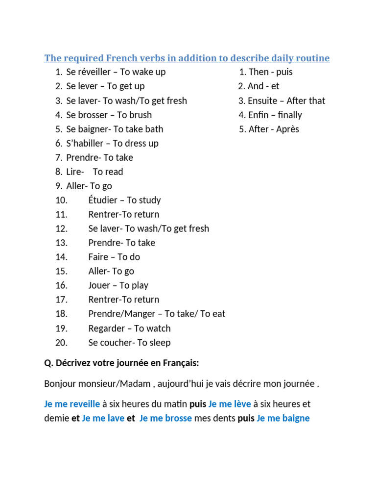 Décrire sa journée en français | PDF
