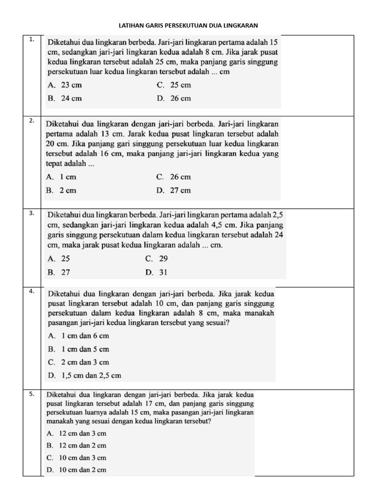 LATIHAN GARIS PERSEKUTUAN DUA LINGKARAN SMA | PDF