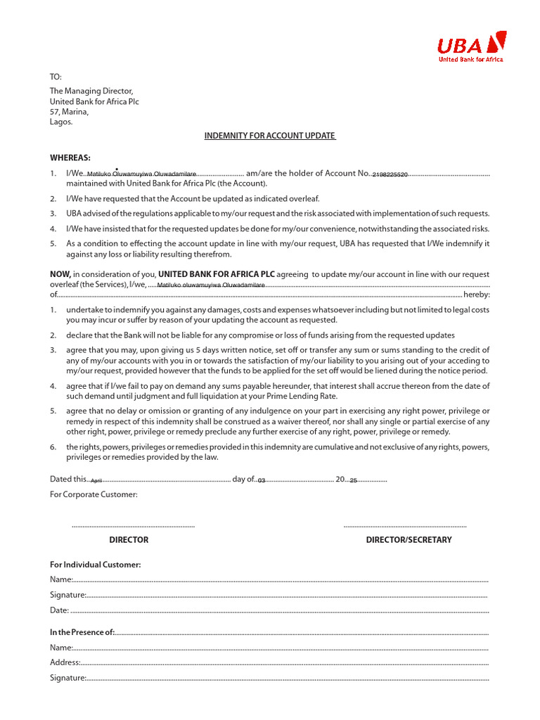 Indemnity Form2 | PDF | Indemnity | Banks