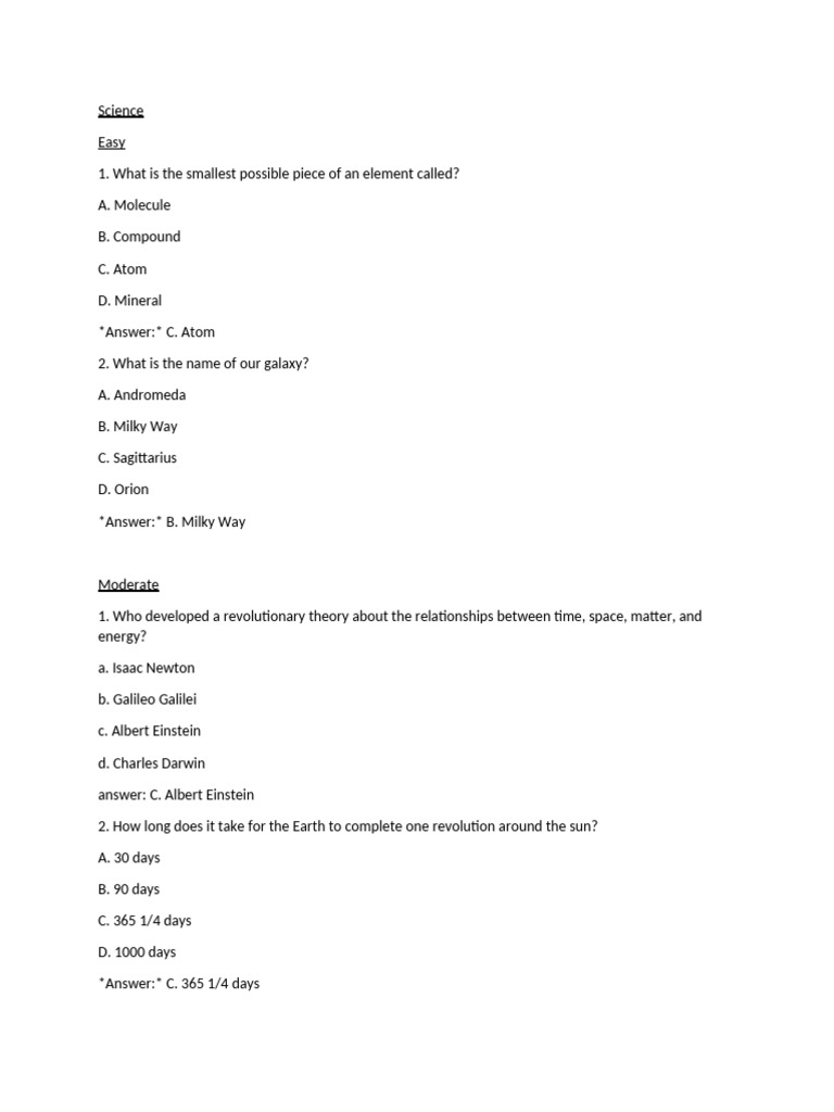 Science and Trivia Quiz Questions | PDF | Milky Way