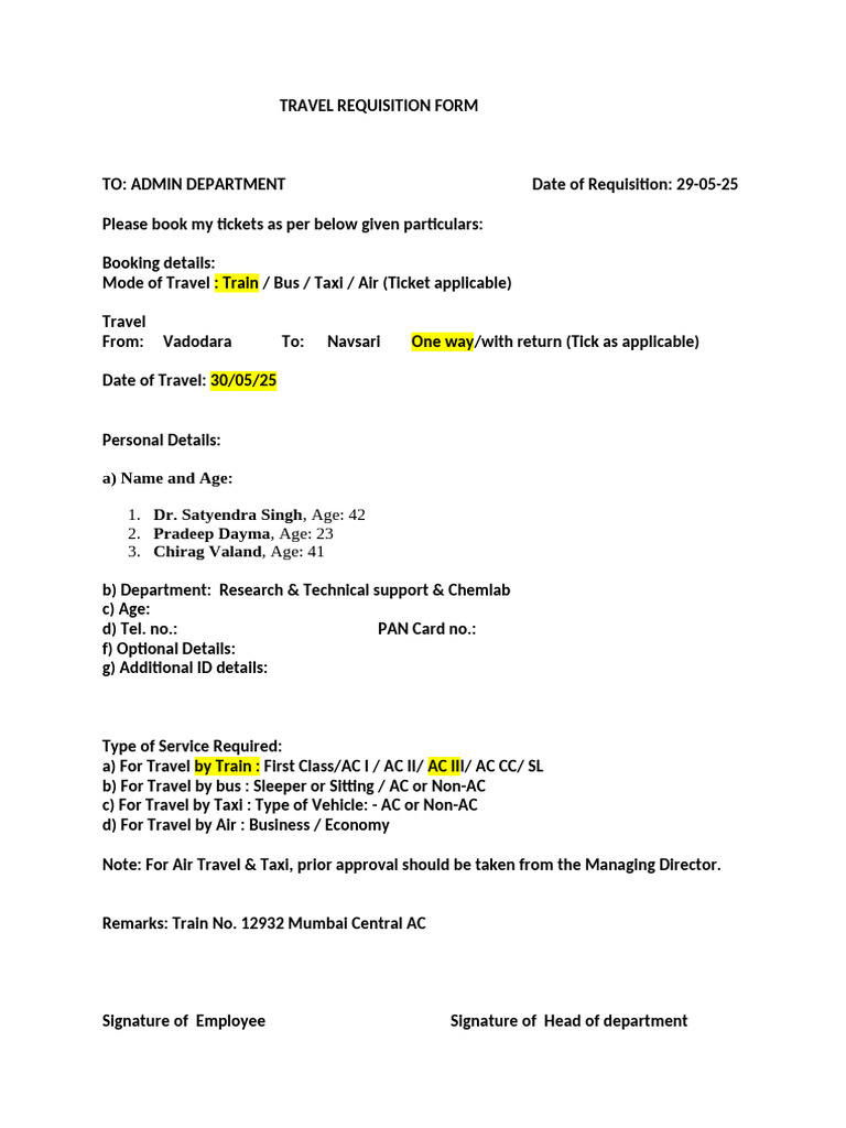 Travel Requisition Form ... | PDF