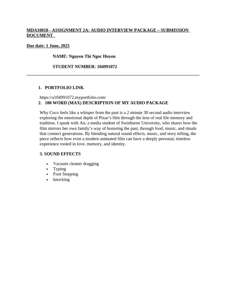 Mda10018 - Assignment 2A: Audio Interview Package - Submission Document Due Date: 1 June, 2025 ...