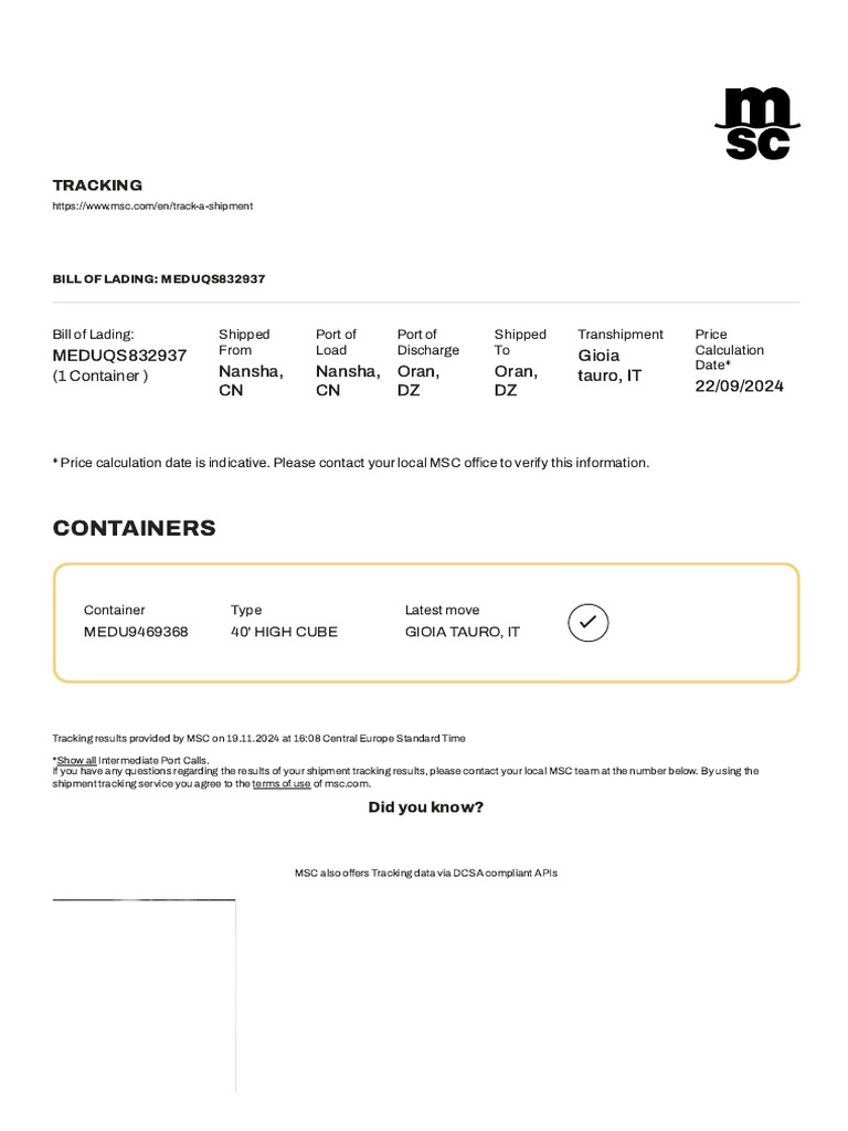 Shipping Container Tracking and Tracing - MSC | PDF