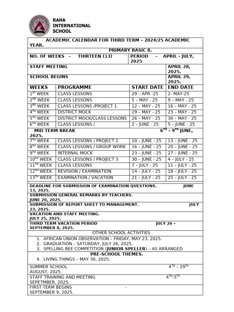 Third Term Calendar - 2025 - Basic 8-2 | PDF