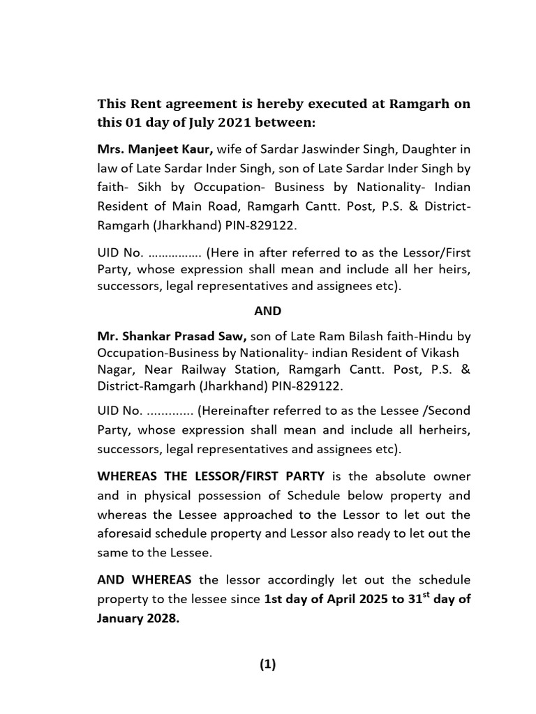 Mrs. Manjeet Kaur and Mr. Shankar Prasad Saw Ekr | PDF | Lease | Law And Economics
