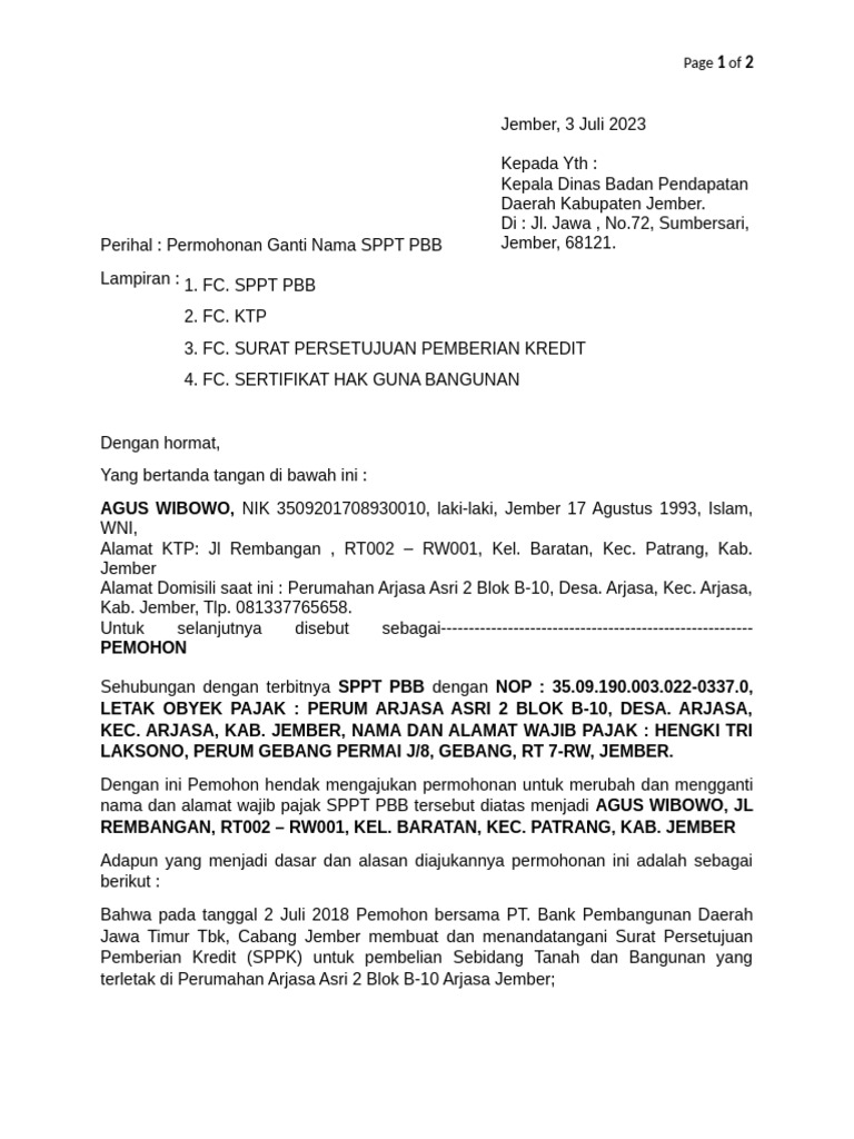 Permohonan Ganti Nama SPPT PBB | PDF