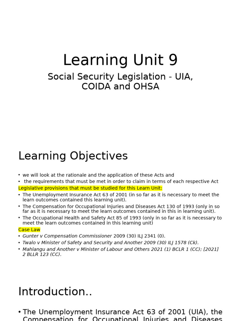 Social Security Legislation Overview: UIA, COIDA, OHSA | PDF ...