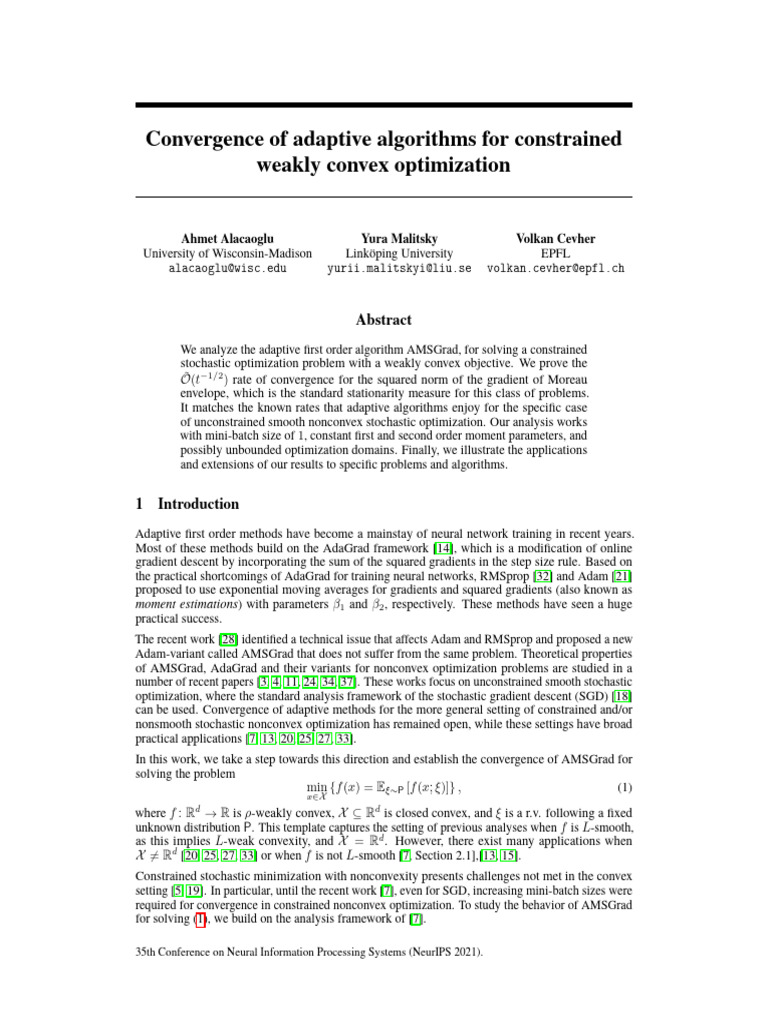 NeurIPS 2021 Convergence of Adaptive Algorithms For Constrained Weakly Convex Optimization Paper ...