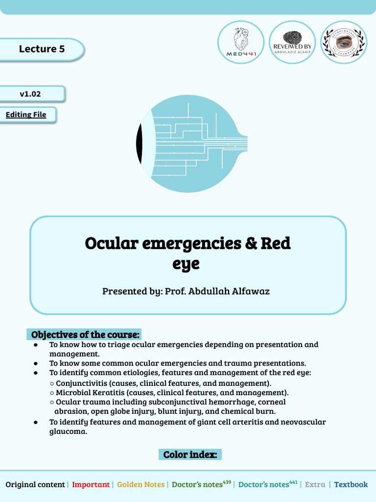 L5 - Ocular Emergencies & Red Eye | PDF | Cornea | Glaucoma