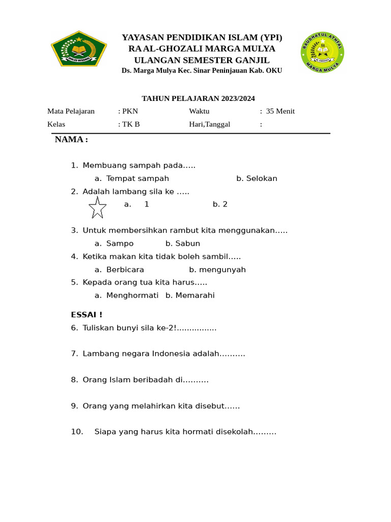 Soal Ulangan Semester Ganjil 2023-2024 | PDF