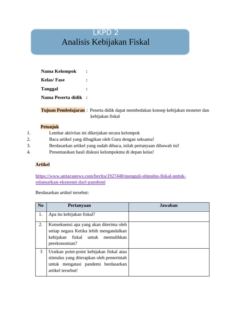 LKPD 2 - (Analisis Kebijakan Fiskal) | PDF