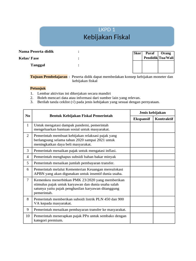 LKPD 1 - (Bentuk Kebijakan Fiskal) | PDF
