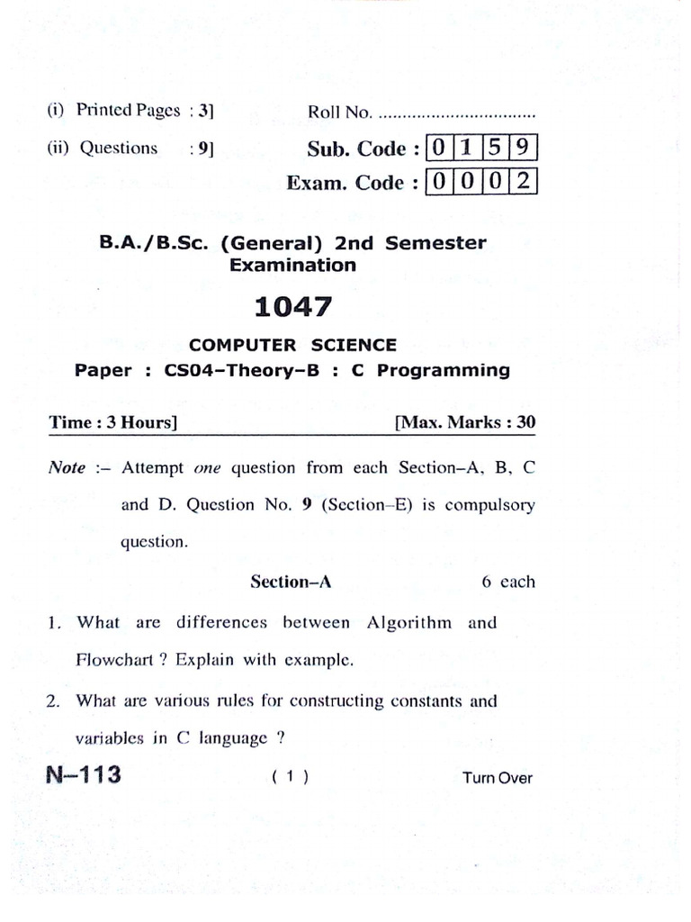B.a, B.SC General 2nd Sem Computer Science Paper - CS04-Theory-B - C ...