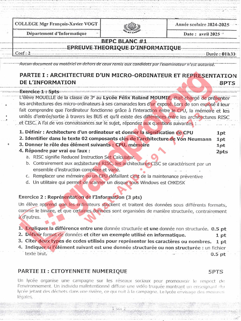 Informatique 3eme BEPC Blanc College Vogt Mai 2025 | PDF