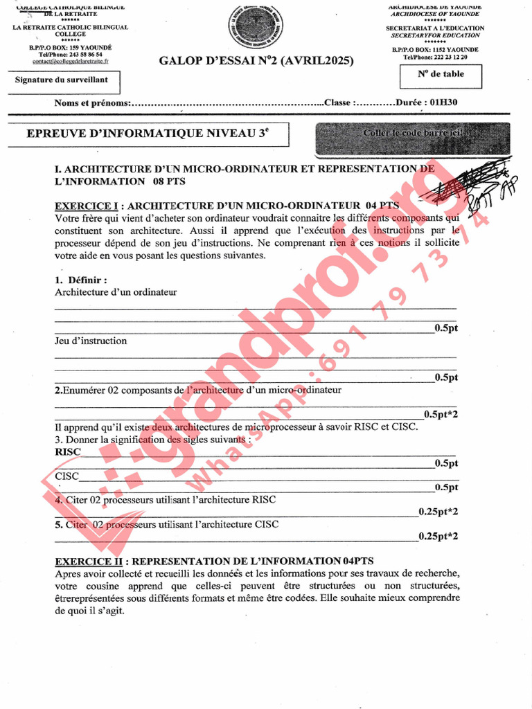 Informatique 3eme BEPC Blanc College Retraite Mai 2025 | PDF