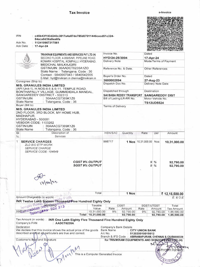 Granules Bonthapally Invoice HYD-3004!24!25 Acknowledgement 17.04.2024 | PDF | Invoice ...