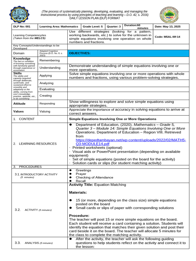 Grade 5 Math Lesson Plan: Simple Equations | PDF | Photosynthesis ...