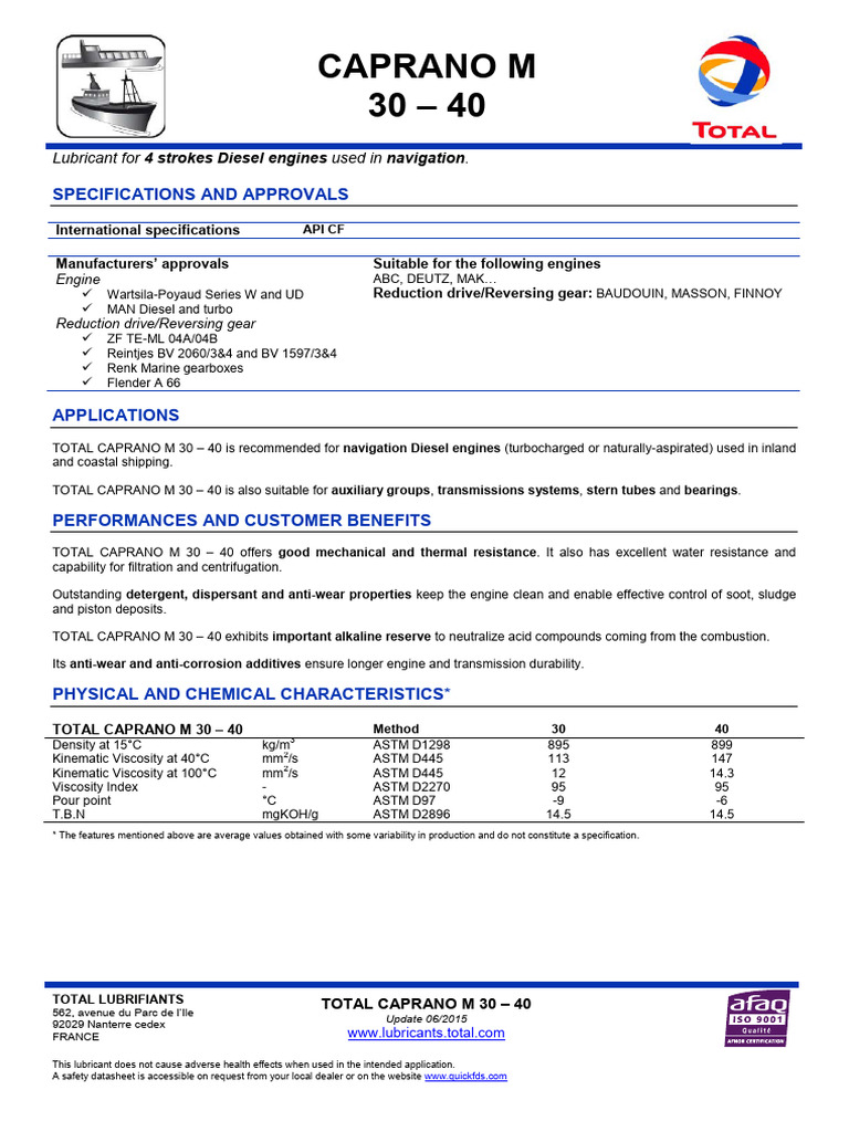 Total Caprano M 30-40 TBN 14.50 Tds | PDF | Diesel Engine | Engines