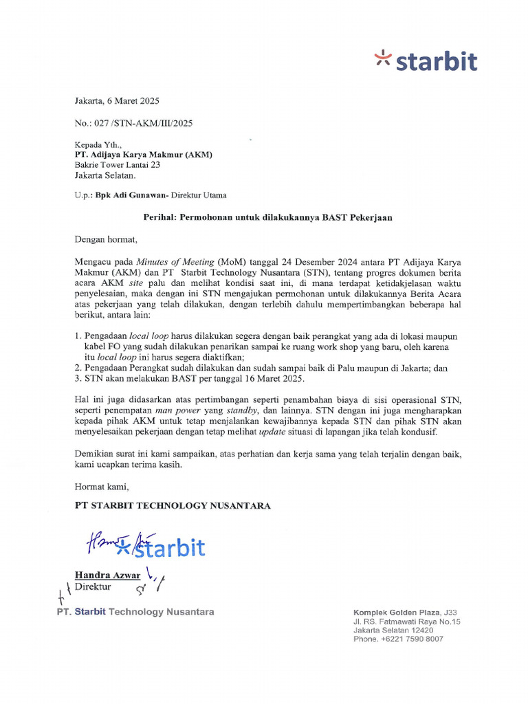 Surat Permohonan BAST | PDF