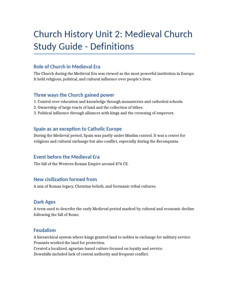 Church History Unit 2 Definitions | PDF | Catholic Church | Middle Ages