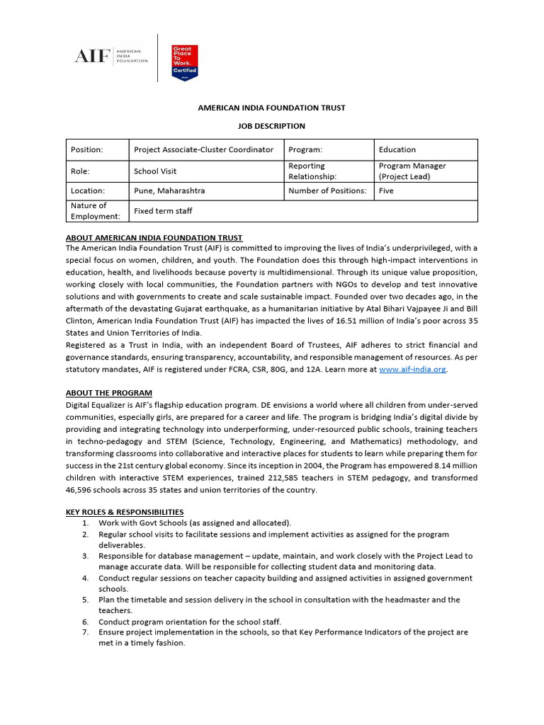 Job Description II Project Associate (CC) II de (Pune Location) | PDF ...