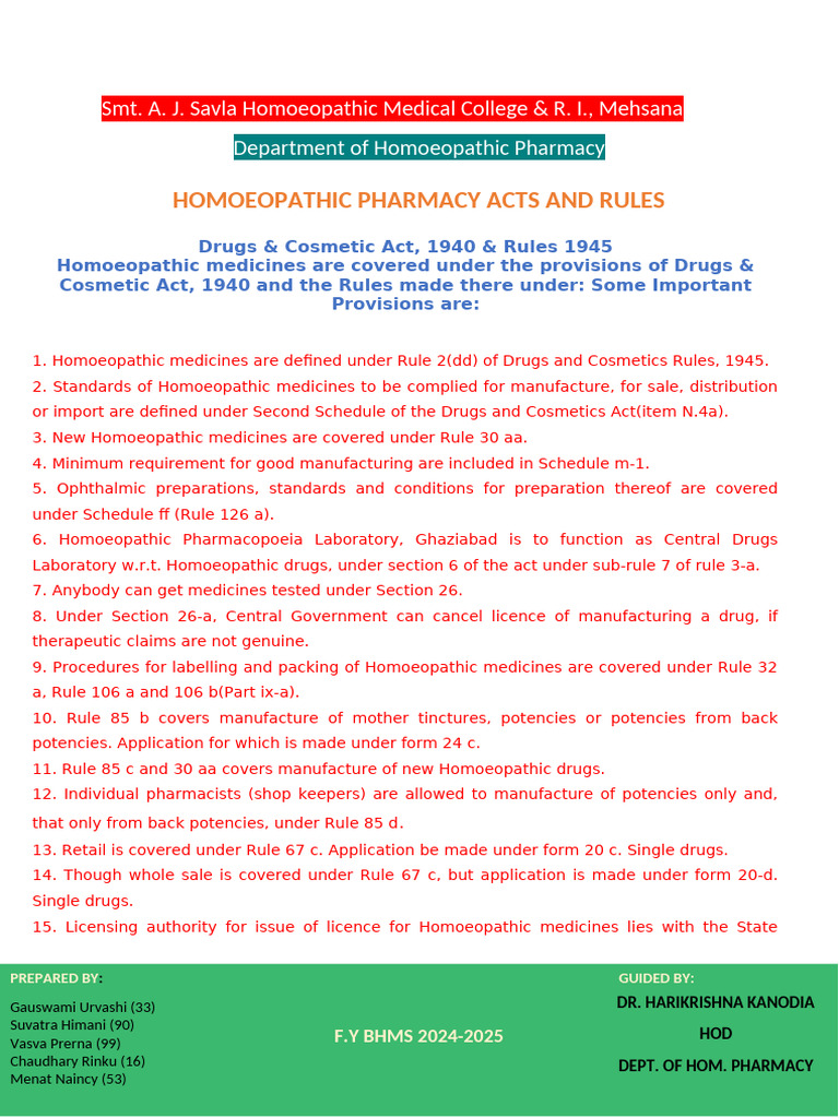 Homoeopathic Pharmacy Acts and Rules | PDF | Homeopathy | Pharmacy